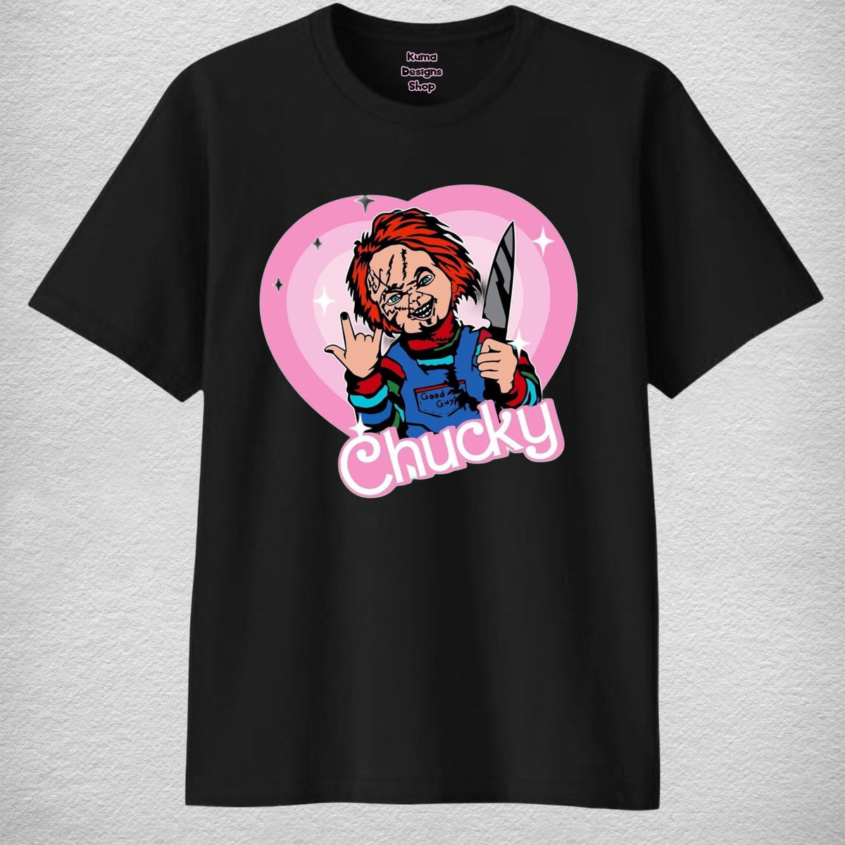 chucky pink heart horror black t-shirt – Kuma Designs Shop